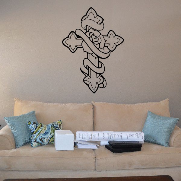 Ornate Cross with Rose and Ribbon Decal – Vinyl Disorder